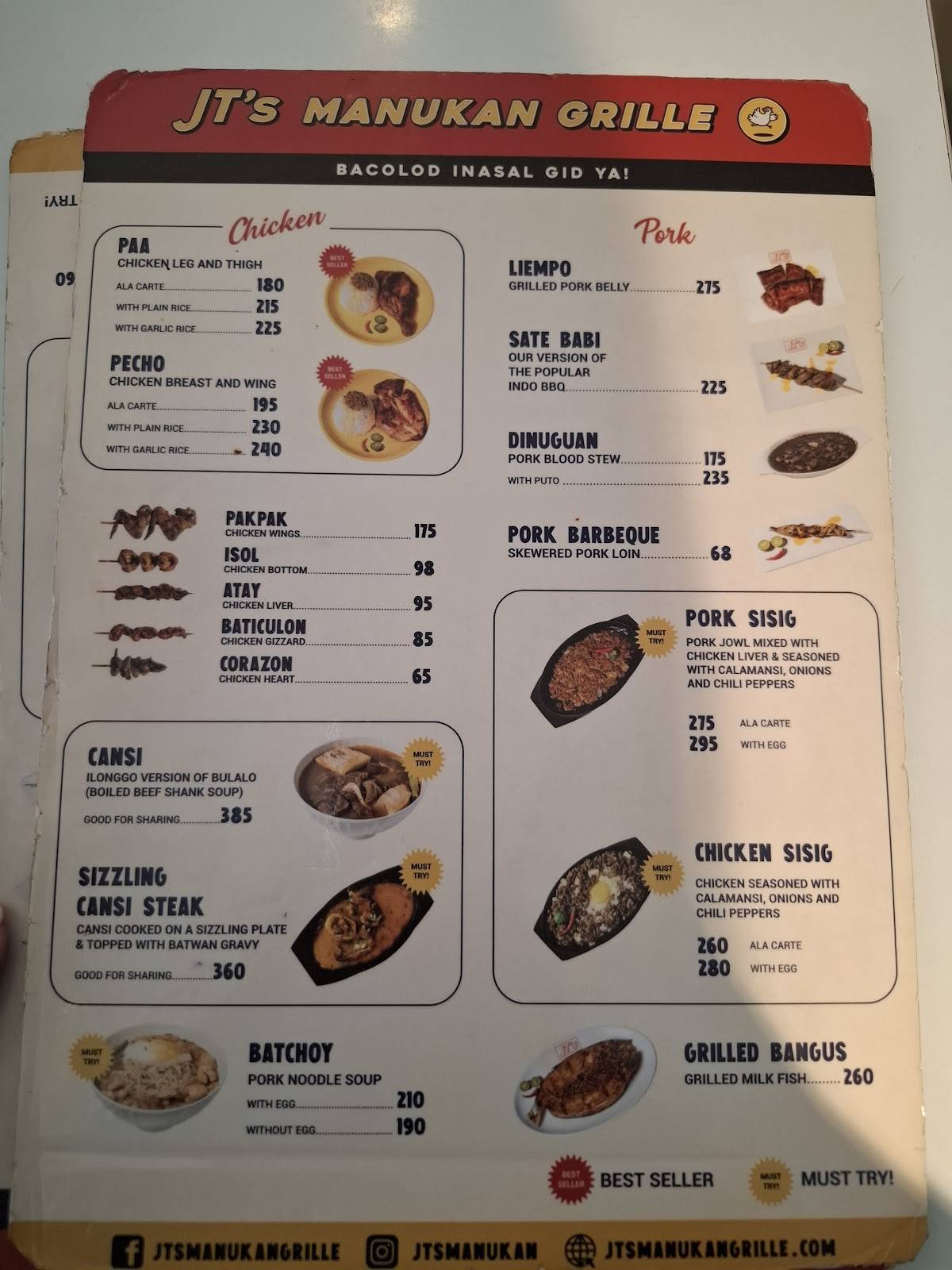 Carta del restaurante JT's Manukan Grille Scout Borromeo, Ciudad Quezon