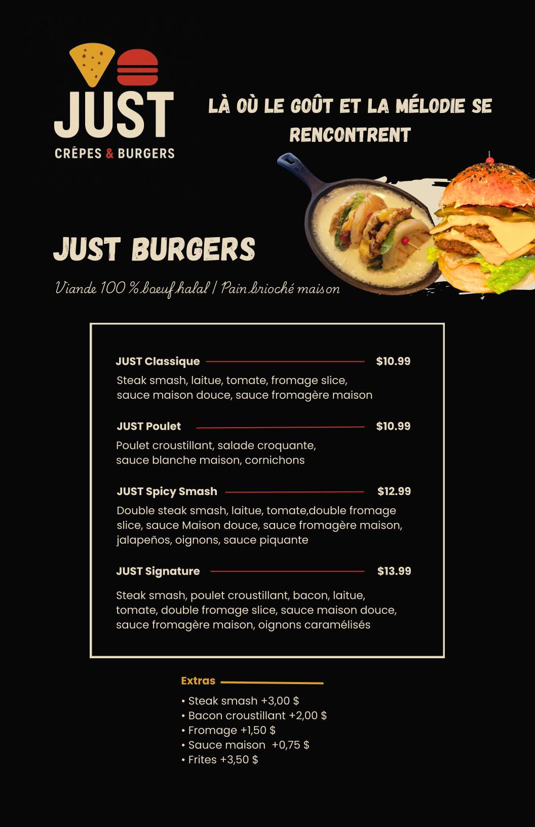 Menu at JUST Crêpes & Burgers restaurant, Montréal