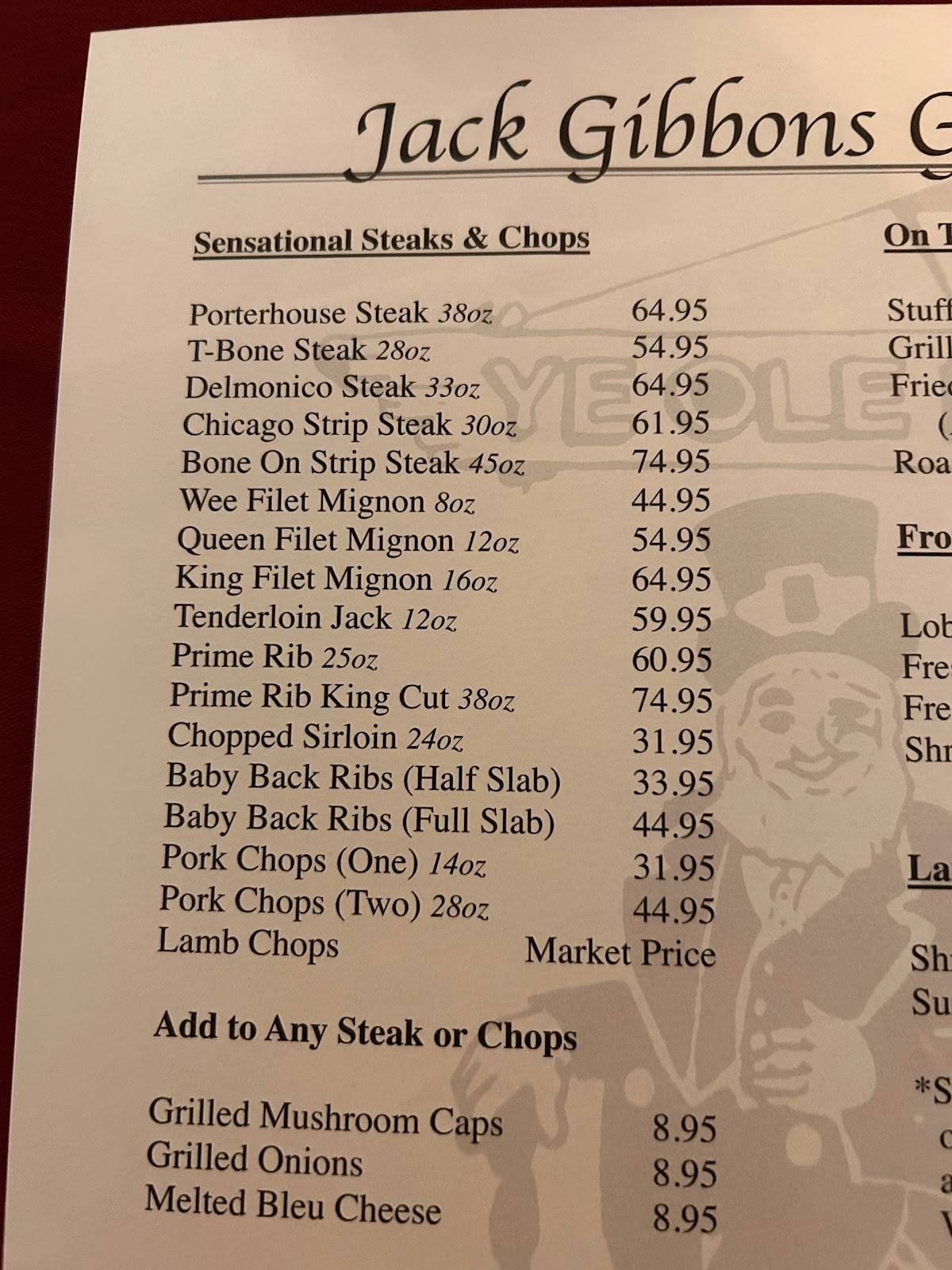 Menu at Jack Gibbons Gardens steakhouse, Oak Forest