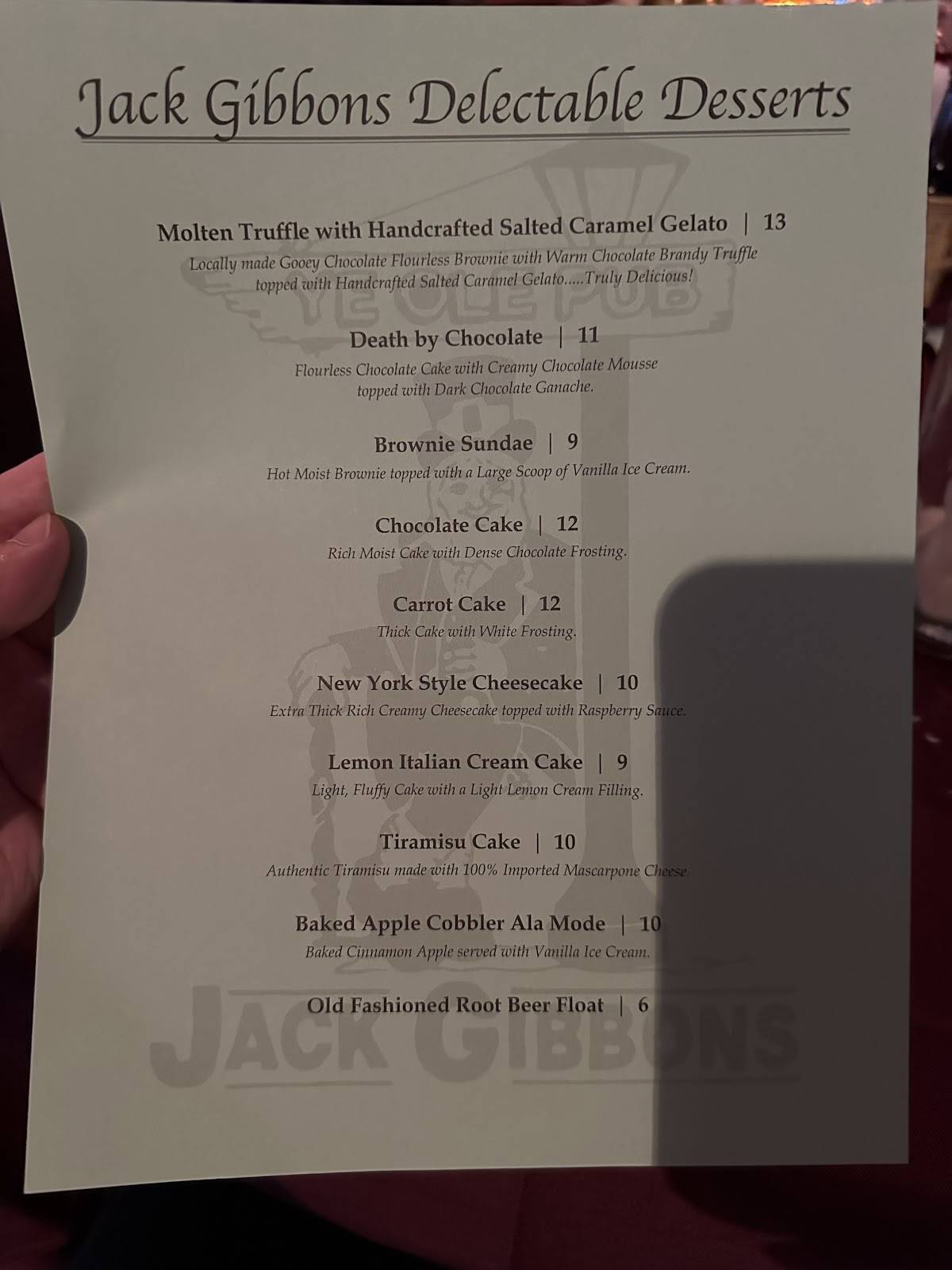Menu at Jack Gibbons Gardens steakhouse, Oak Forest