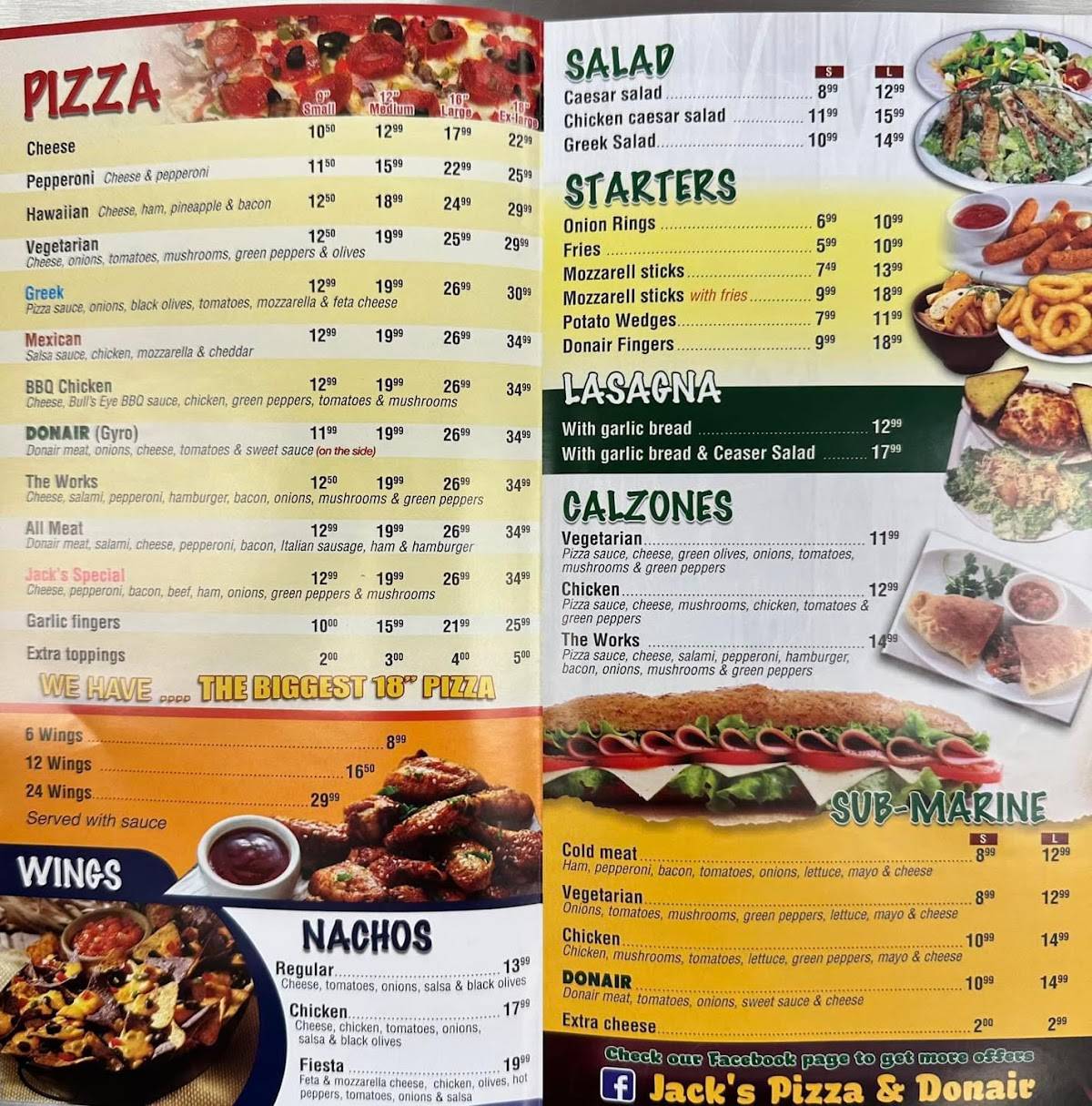 Menu at Jacks pizza and donairs restaurant, McAdam