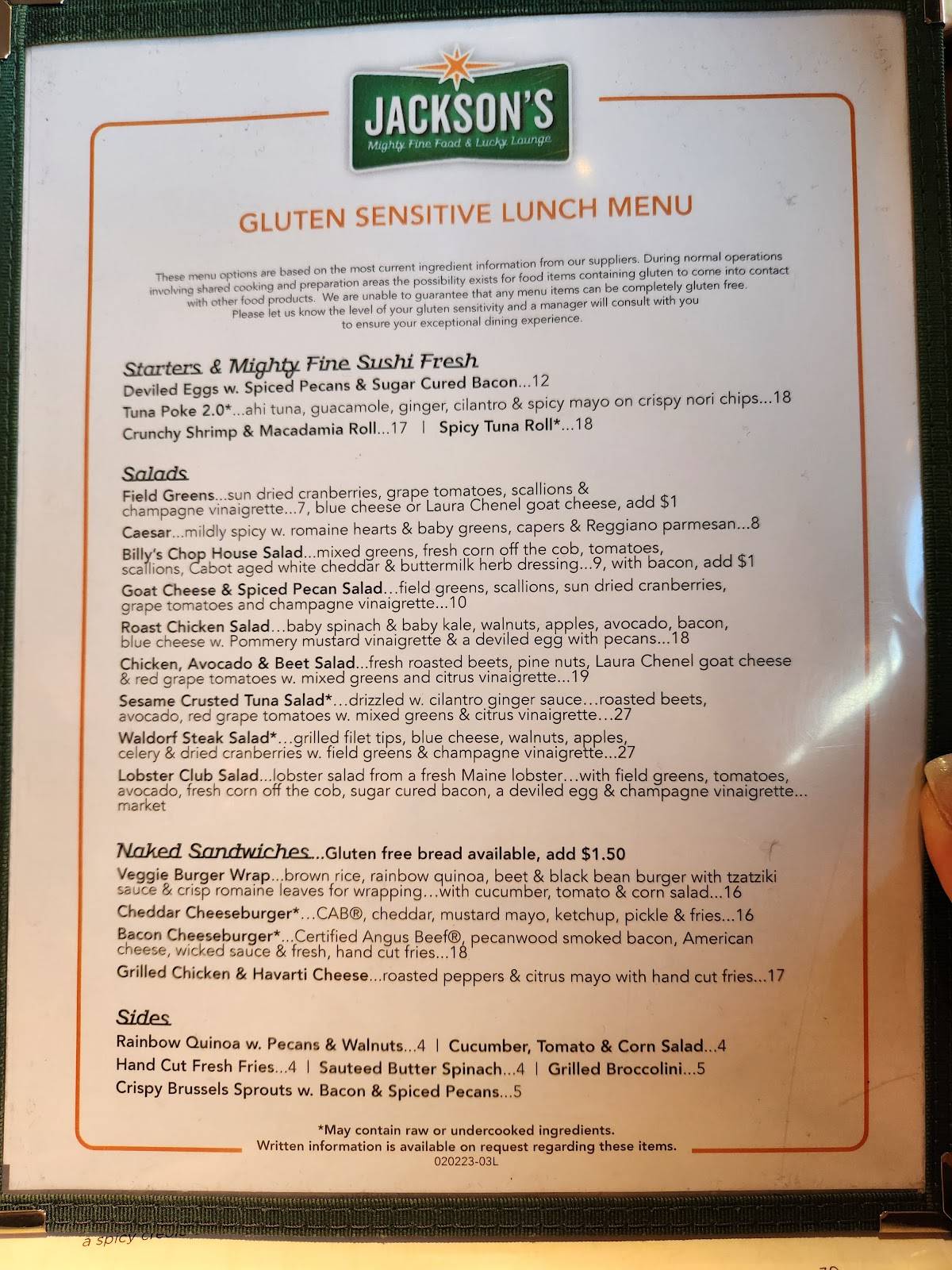 Menu at Jackson's Mighty Fine Food and Lucky Lounge restaurant, Reston