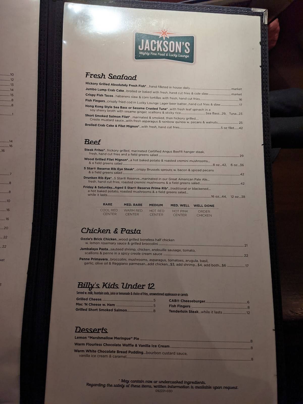 Menu at Jackson's Mighty Fine Food and Lucky Lounge restaurant, Reston