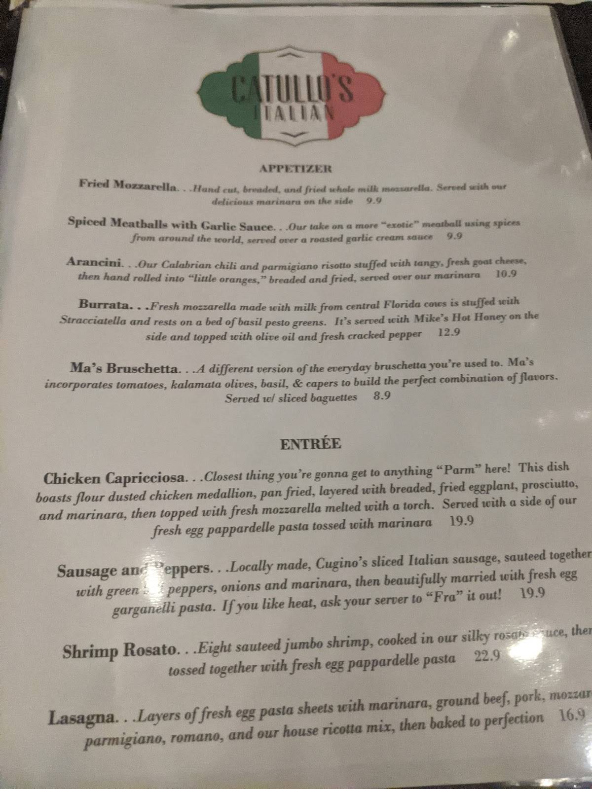 Menu at Catullo’s Italian pub & bar, Jacksonville, -2 San Pablo Rd S