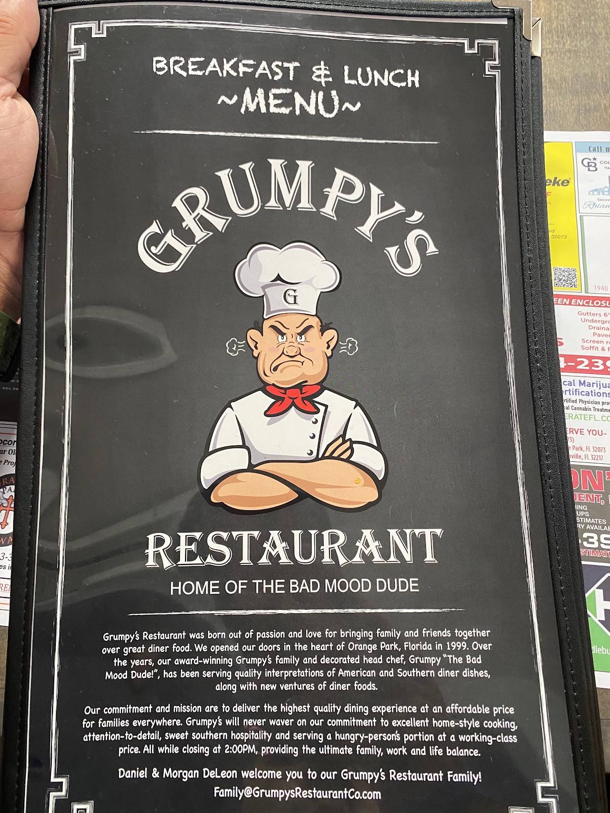 Menu at Grumpy's Restaurant, Orange Park