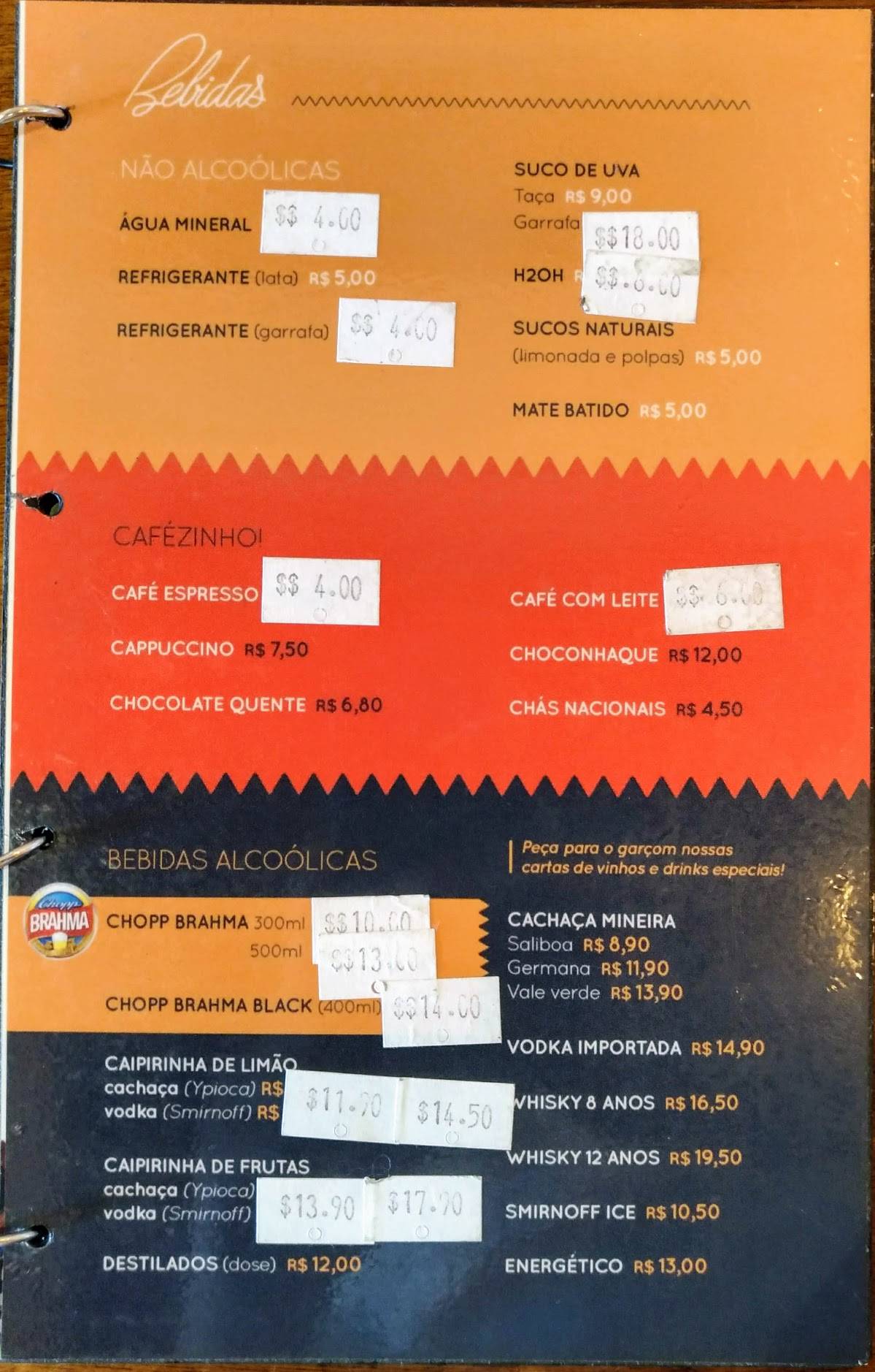 Menu em Jacobina Bar, Curitiba