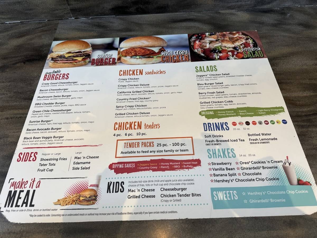 Menu at Jaggers fast food, Indianapolis, US 31 S