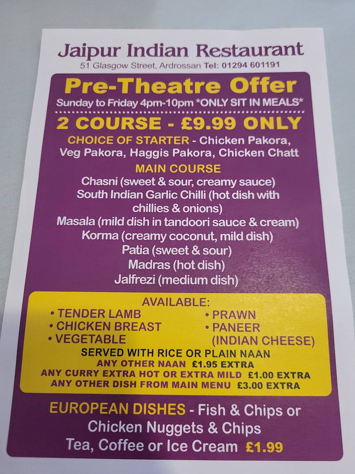 Menu at Jaipur Indian Restaurant, Ardrossan