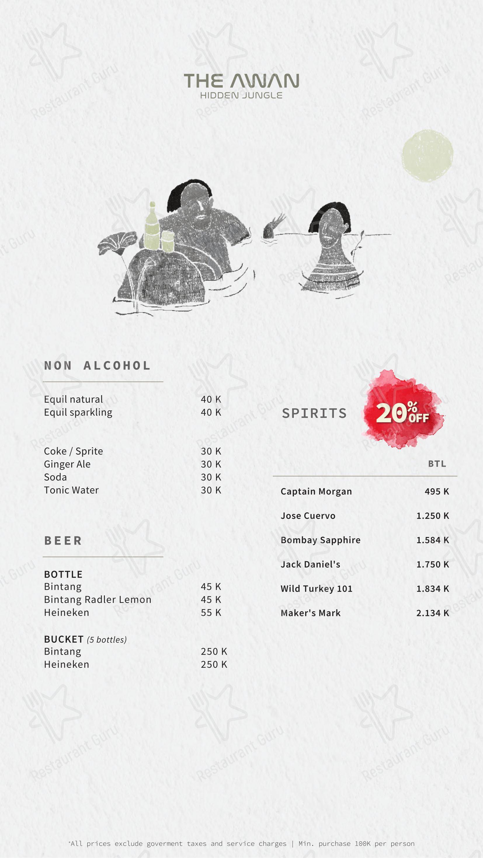 Menu at The Awan Lounge pub & bar, Jakarta
