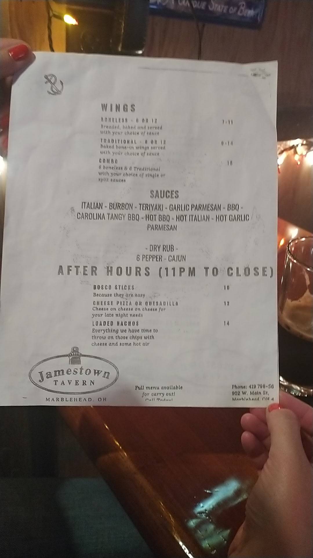 Menu at Jamestown Tavern pub & bar, Lakeside Marblehead