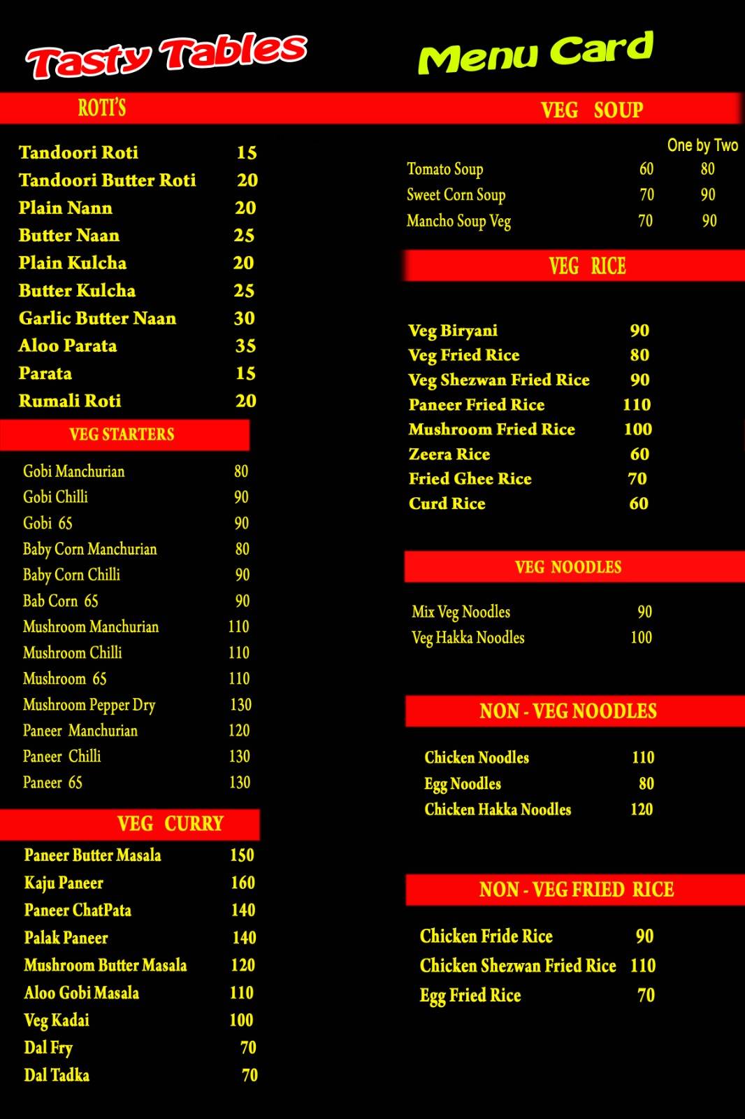 Menu at TASTY TABLES, Jannapura