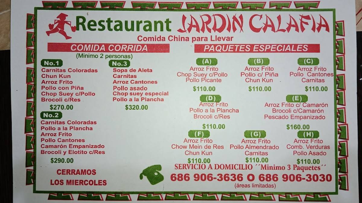 Carta de Jardin Calafia Restaurant Comida China, Mexicali