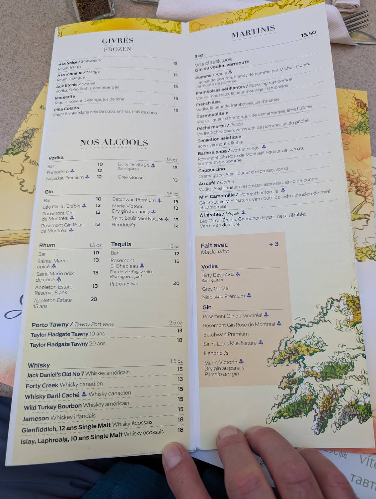 Menu au Jardin Nelson restaurant, Montréal