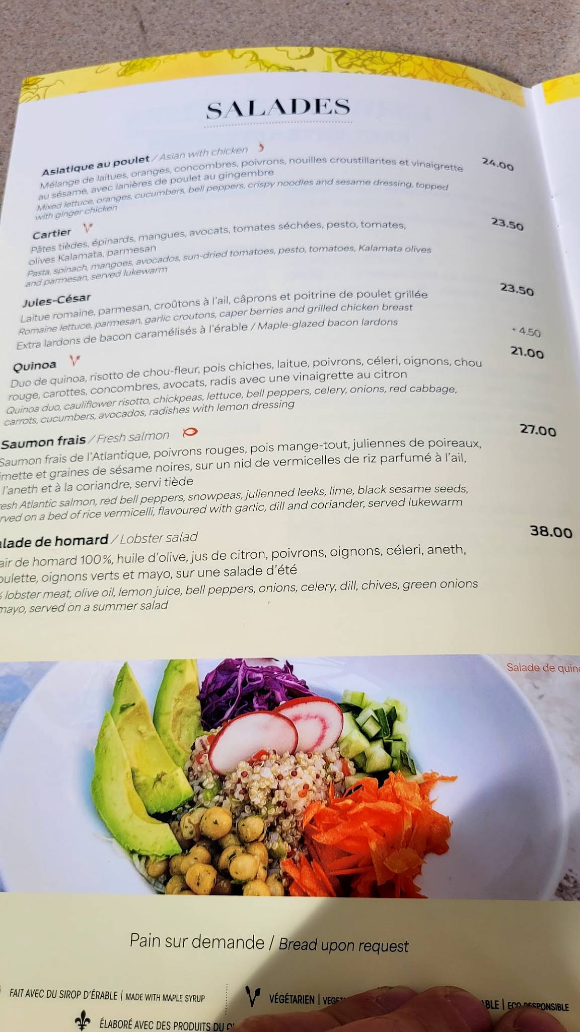 Menu au Jardin Nelson restaurant, Montréal