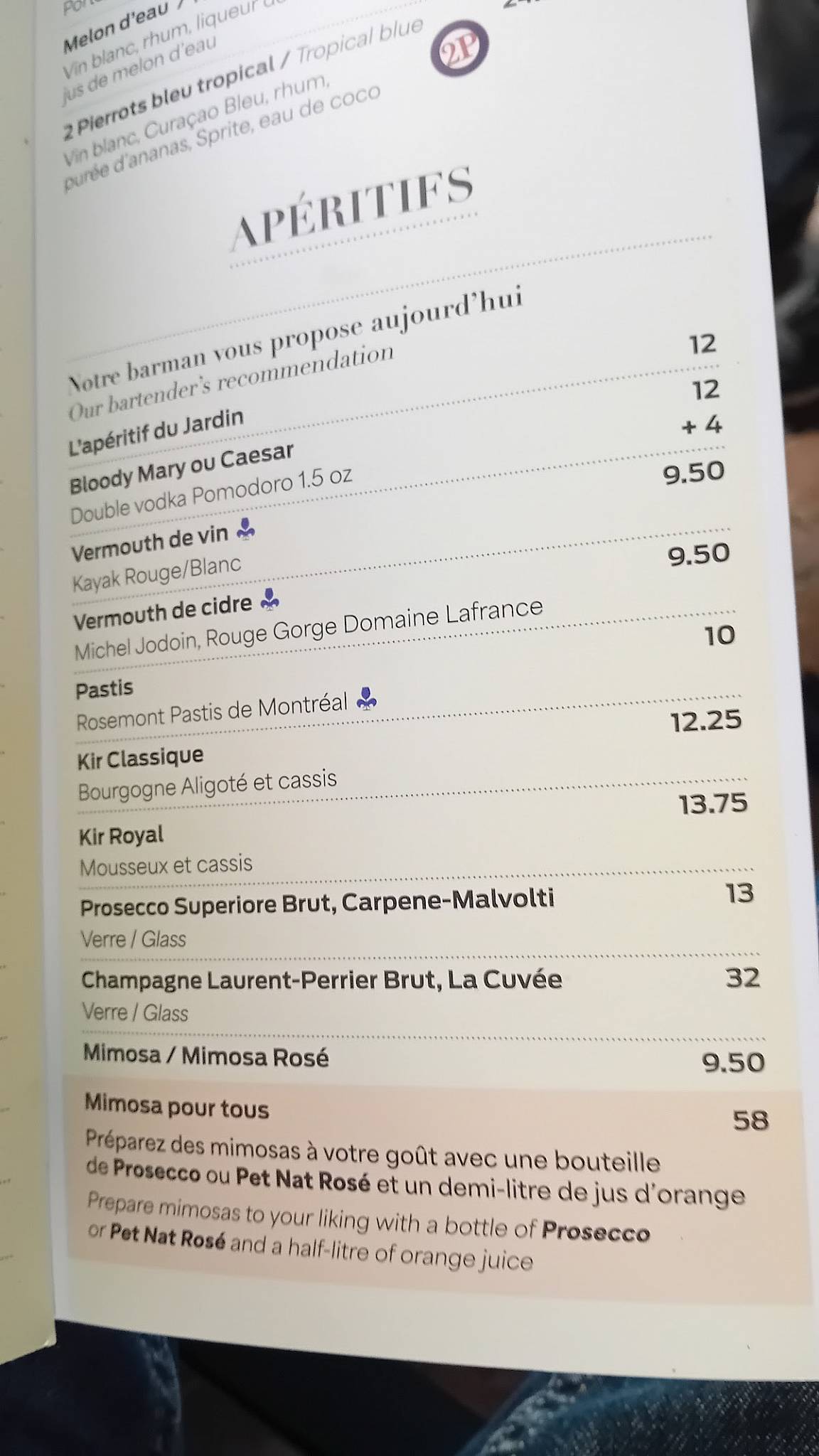 Menu au Jardin Nelson restaurant, Montréal