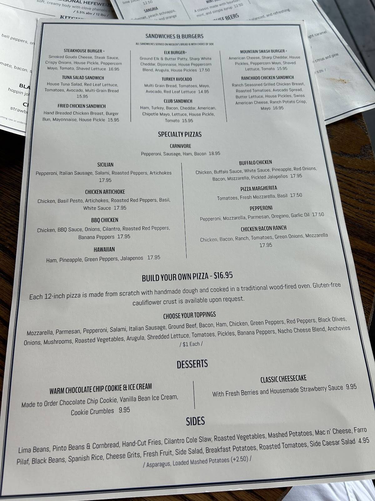 Menu at Top of the Rock Restaurant and Brewery, Kimball
