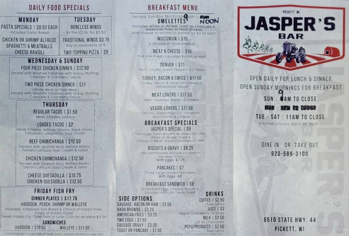 Menu at Jasper's Bar, Pickett