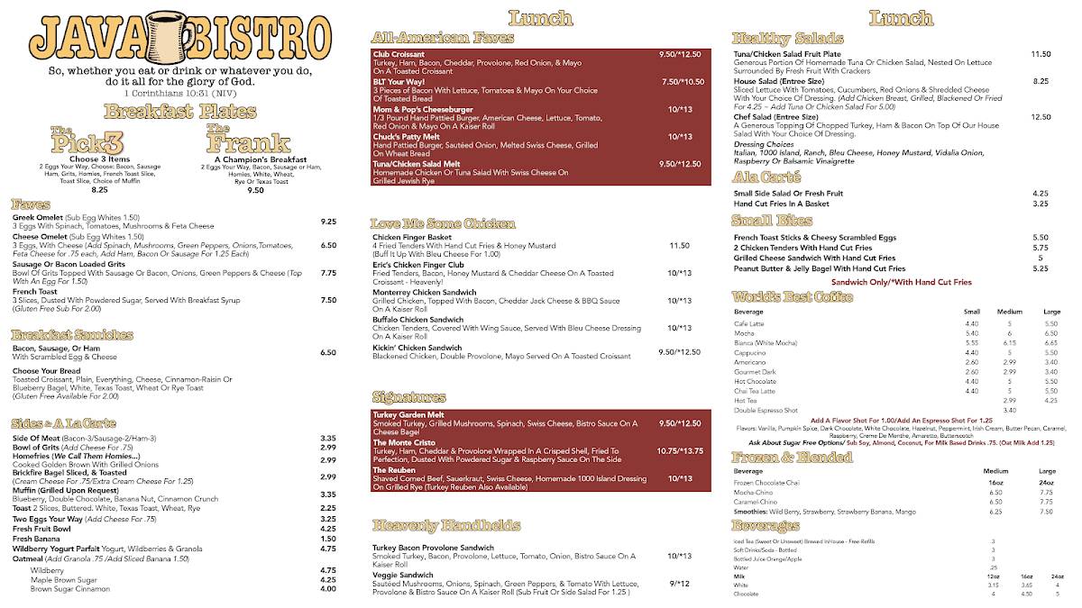 Menu at Java Bistro pub & bar, Simpsonville