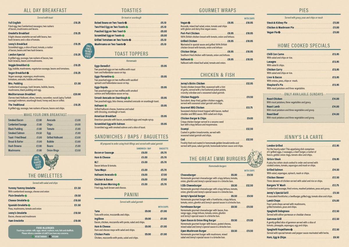 Menu at Jennys Bistro Cafe, Salisbury