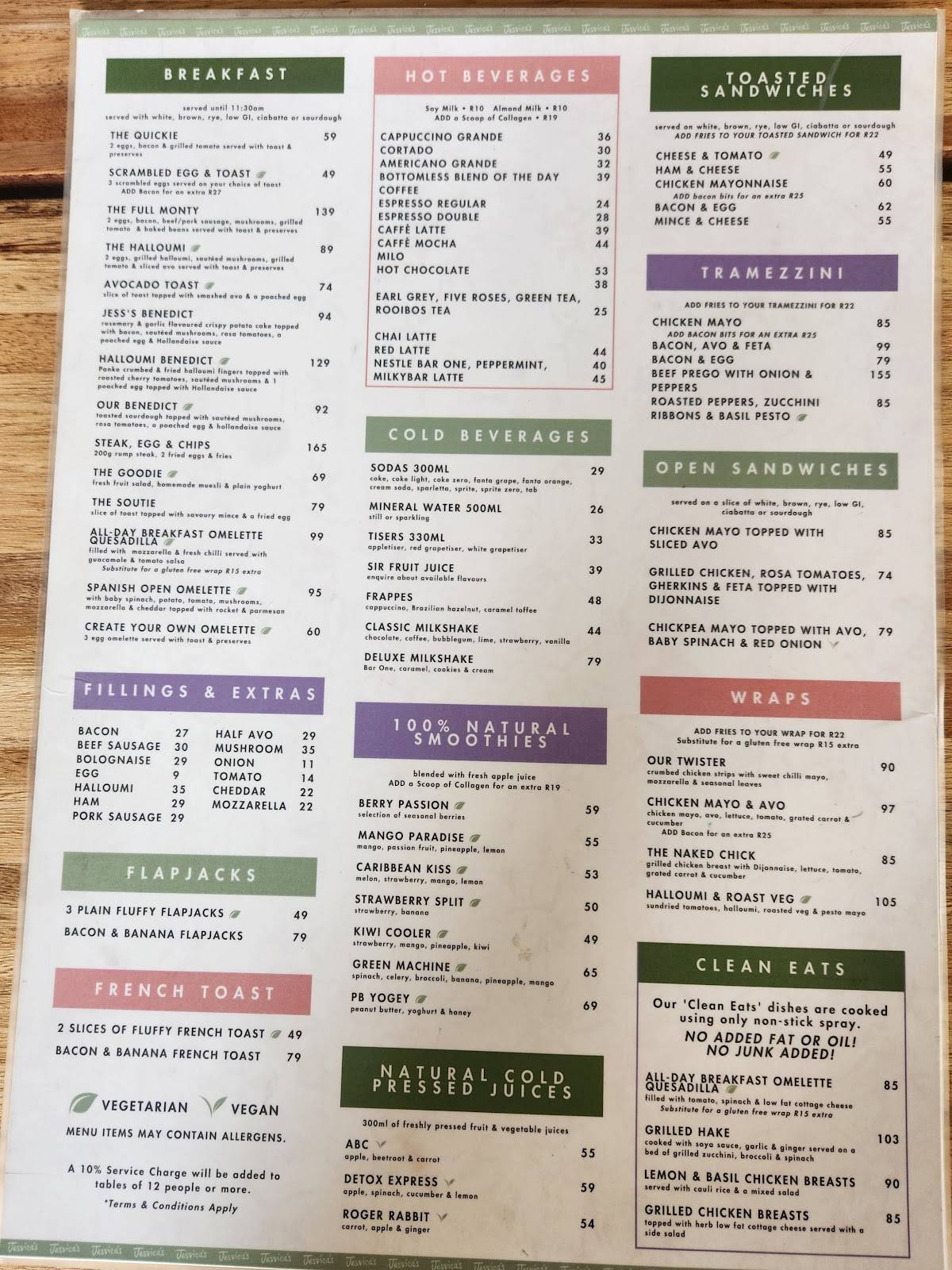 Menu at Jessica's Ruimsig Country Club, Roodepoort