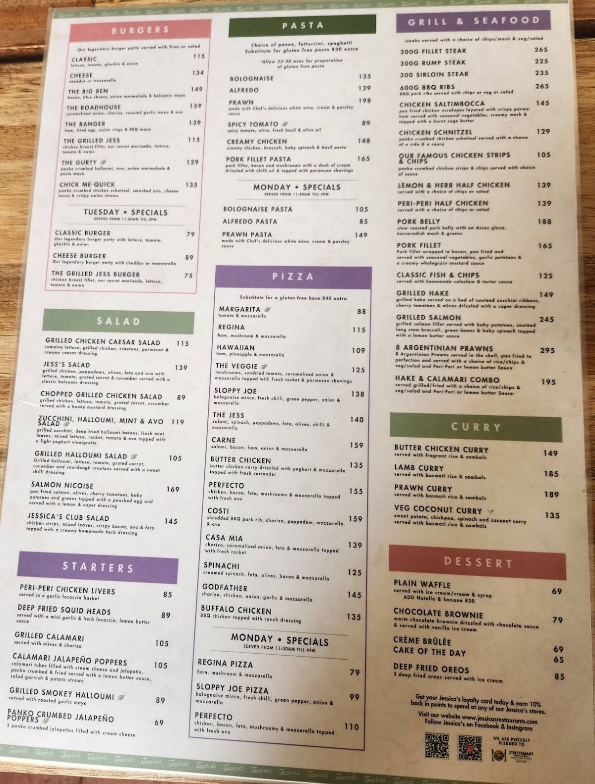 Menu at Jessica's Ruimsig Country Club, Roodepoort
