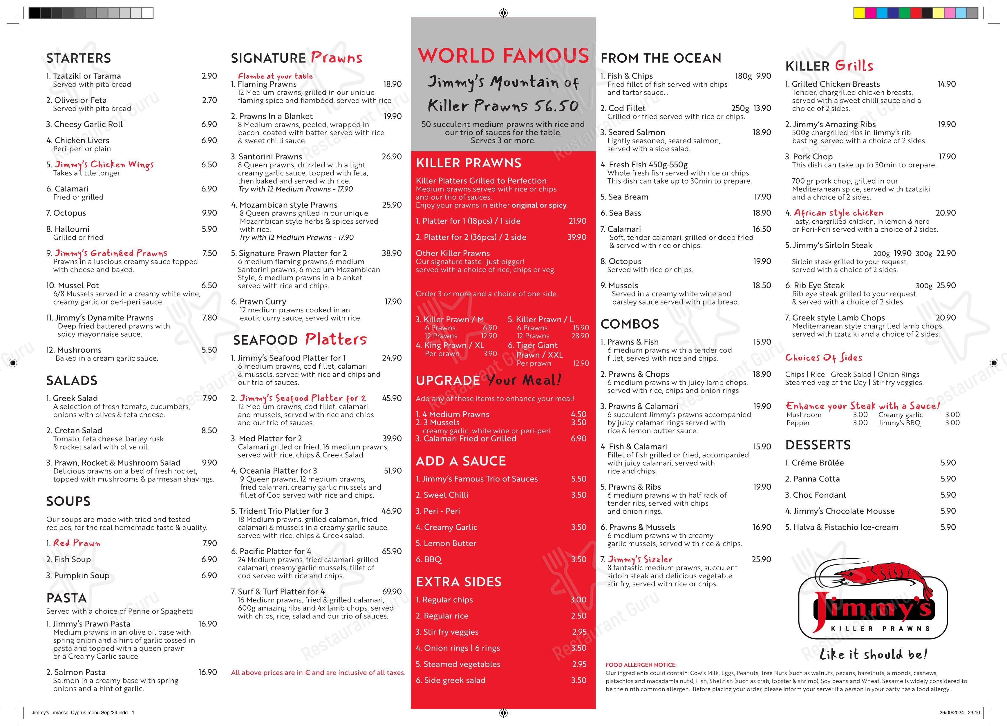 Menu at Jimmy's Killer Prawns Gateway restaurant, Umhlanga, Shop G340 ...