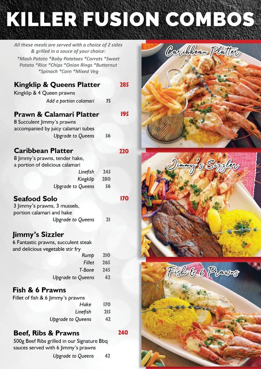 Menu at Jimmy's Killer Prawns Gateway restaurant, Umhlanga, Shop G340 ...