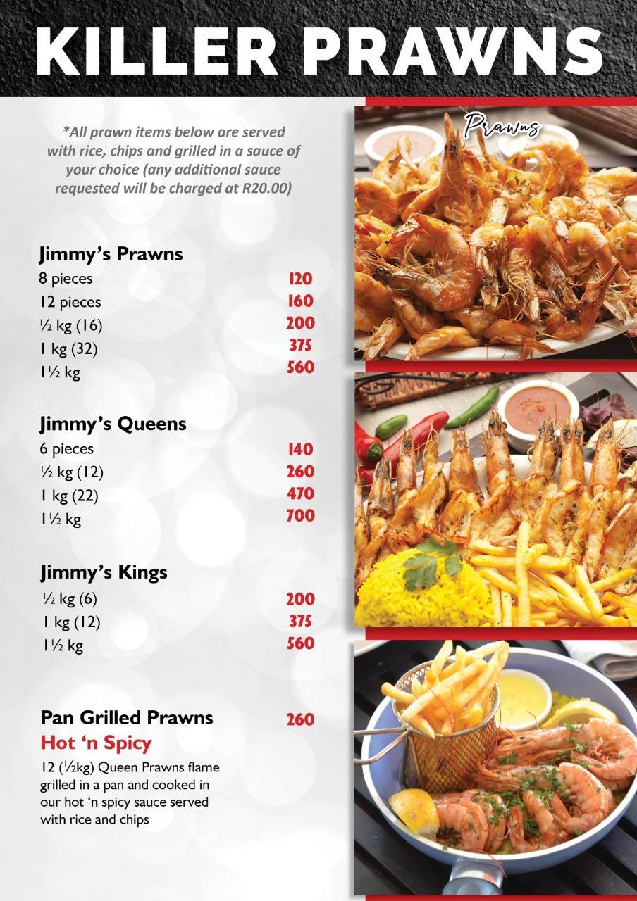 Menu at Jimmy's Killer Prawns Gateway restaurant, Umhlanga, Shop G340 ...