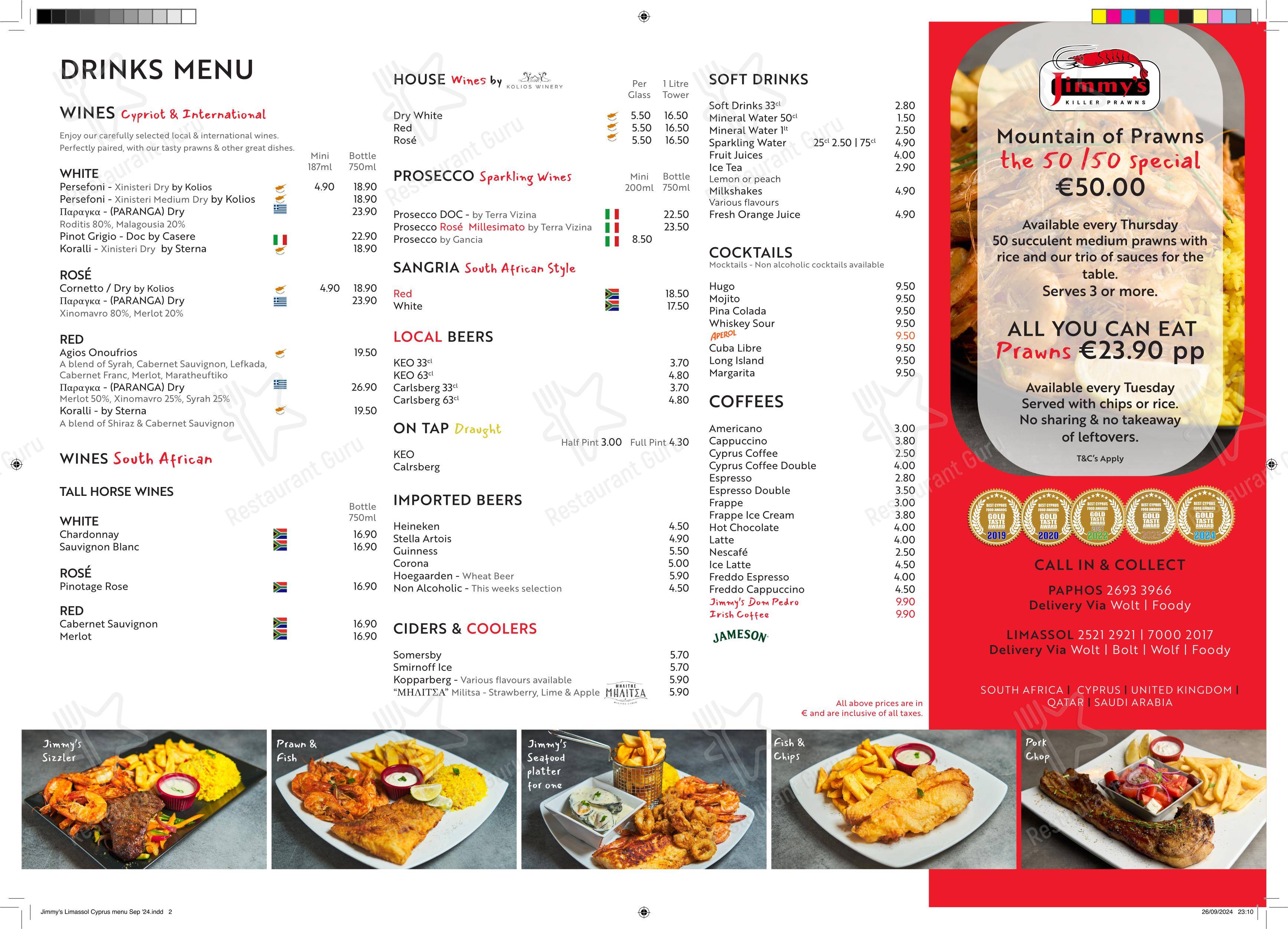 Menu at Jimmy's Killer Prawns Gateway restaurant, Umhlanga, Shop G340 ...