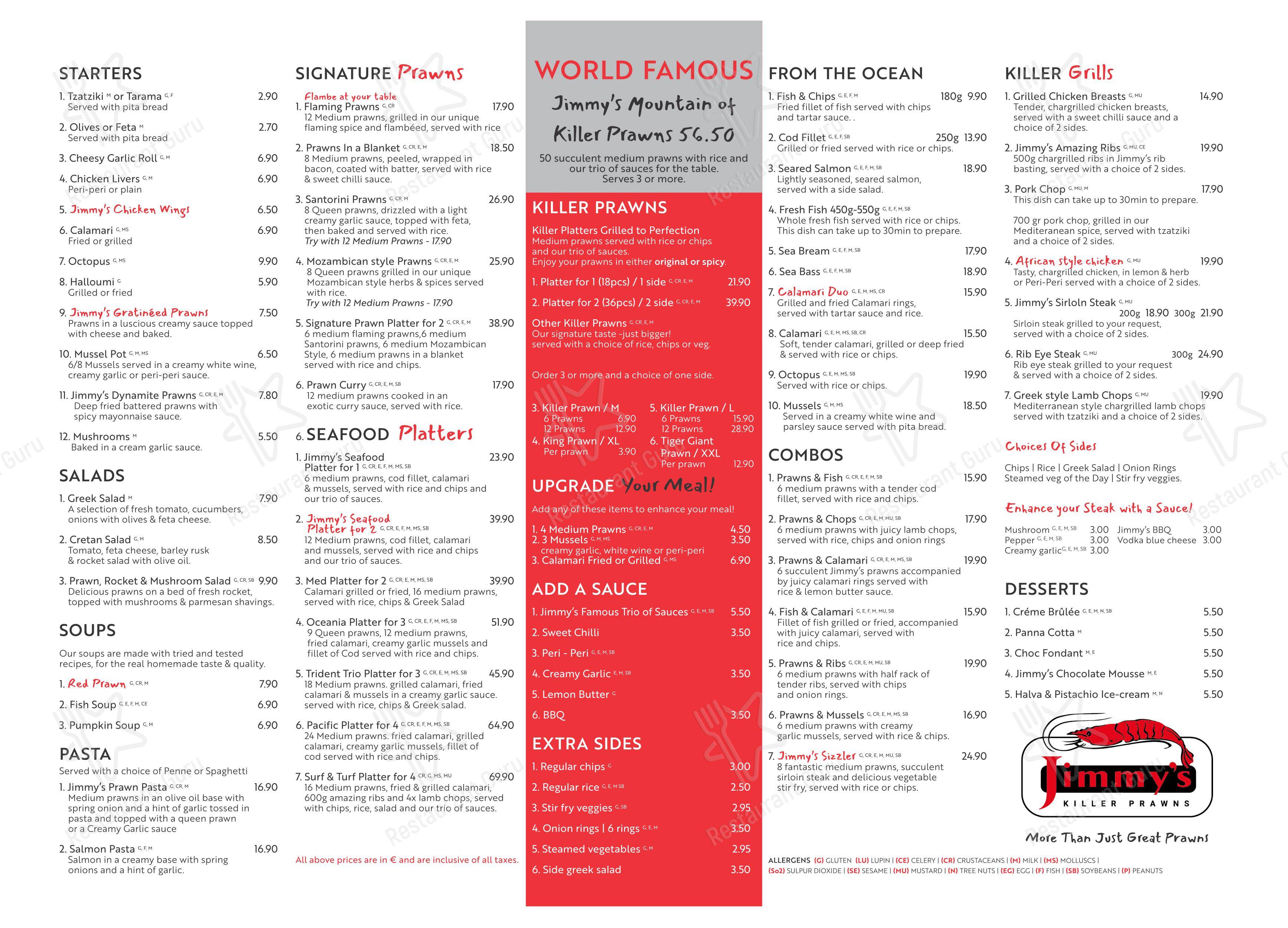Menu at Jimmy's Killer Prawns Gateway restaurant, Umhlanga, Shop G340 ...