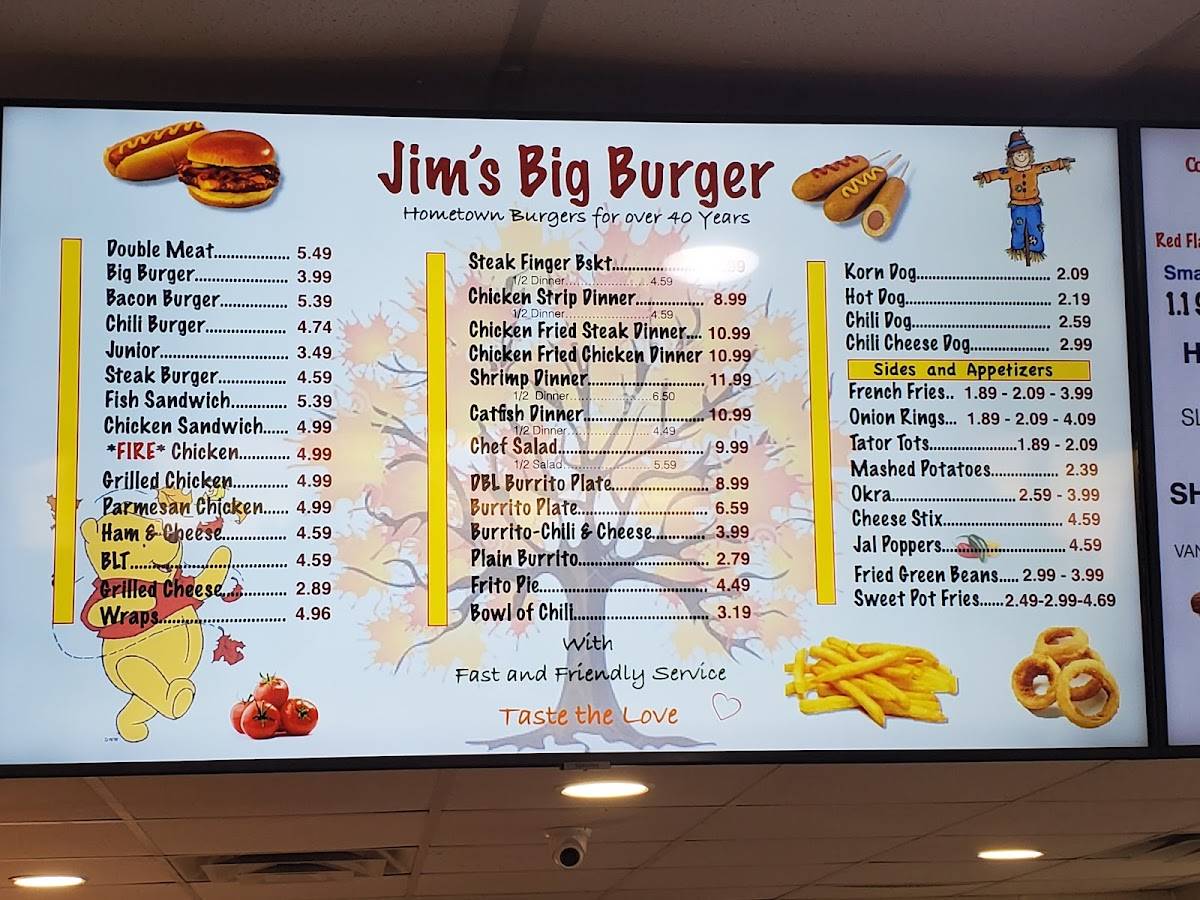 Menu at Jim's Big Burger restaurant, Victoria