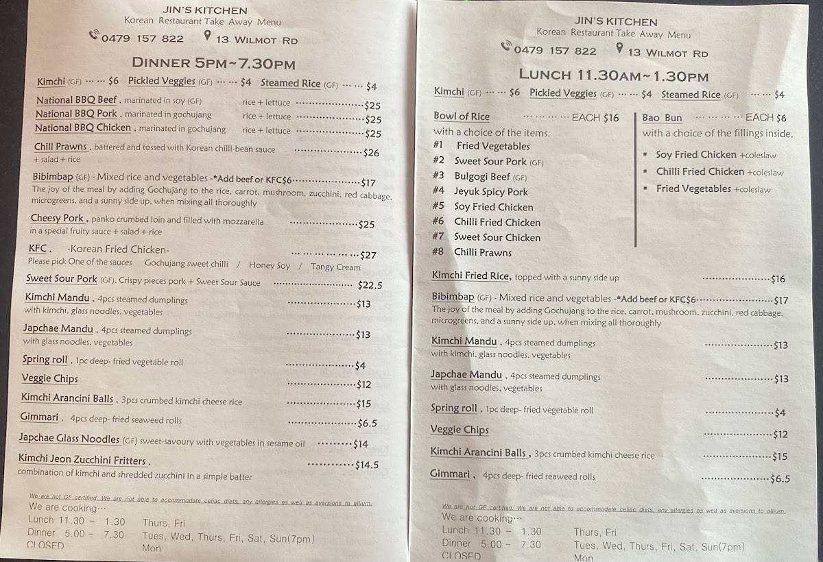 Menu at Jin's Kitchen restaurant, Huonville