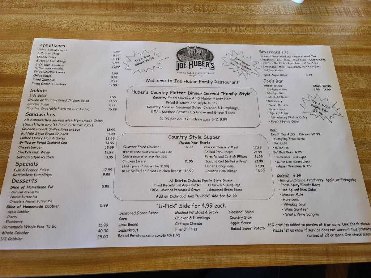 Menu at Joe Huber's Family Farm & Restaurant, USA