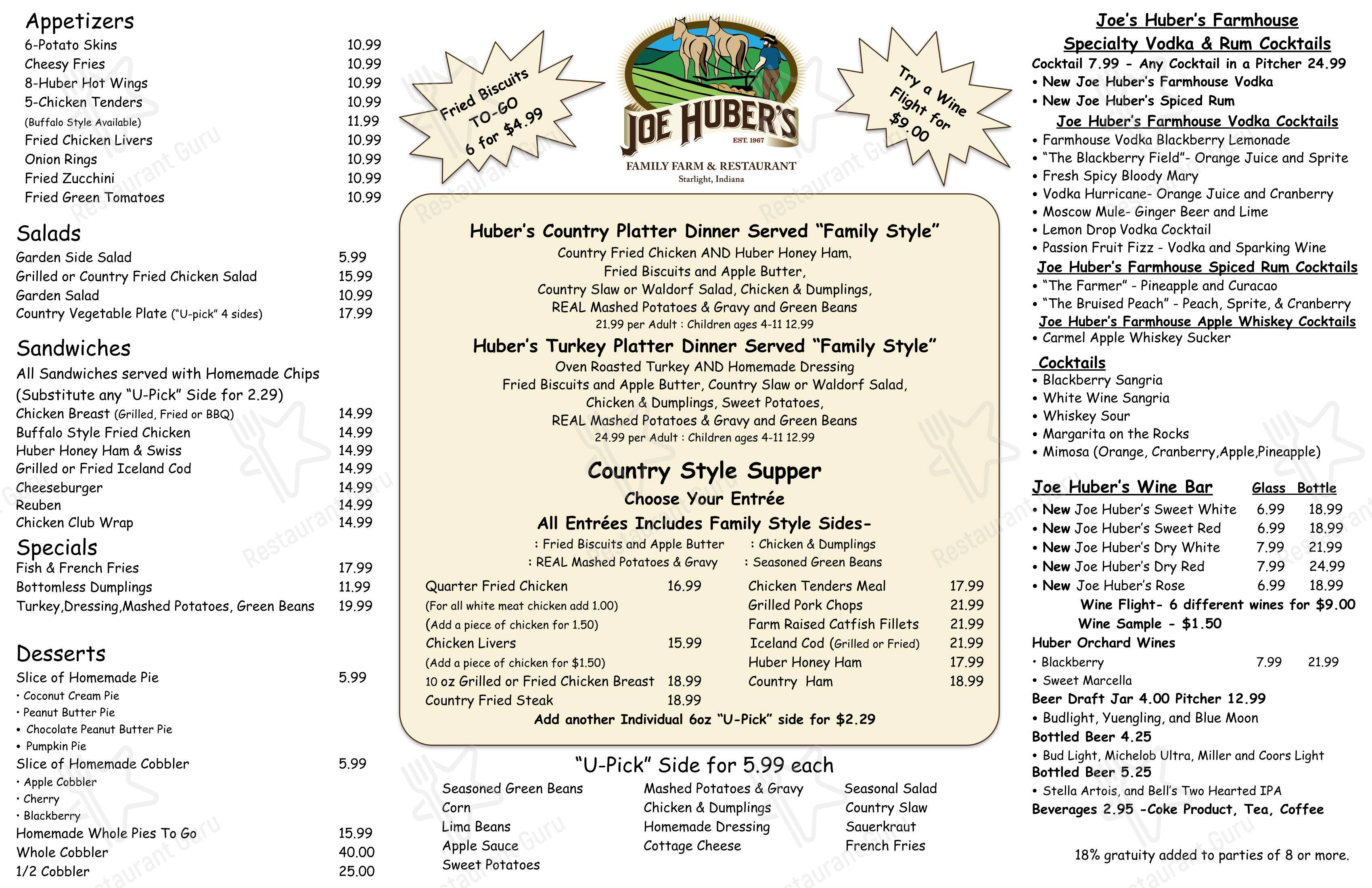 Menu at Joe Huber's Family Farm & Restaurant, USA