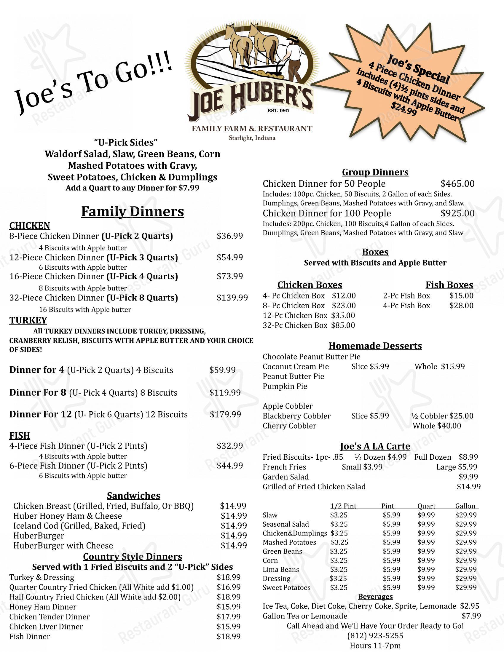 Menu at Joe Huber's Family Farm & Restaurant, USA