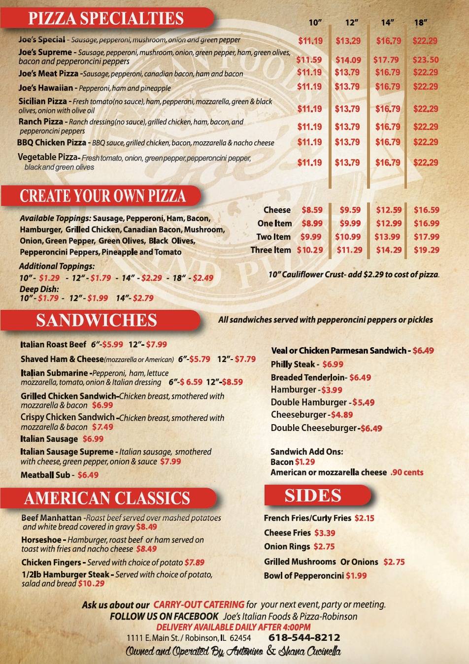Menu at Joe's Italian Food & Pizza pizzeria, Robinson