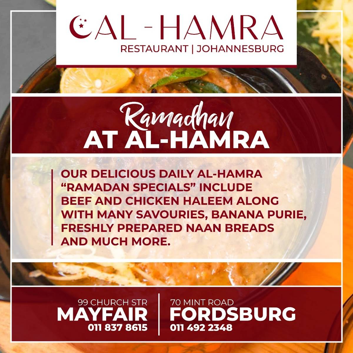 Menu at Al-Hamra Restaurant, Johannesburg, 99 Church St