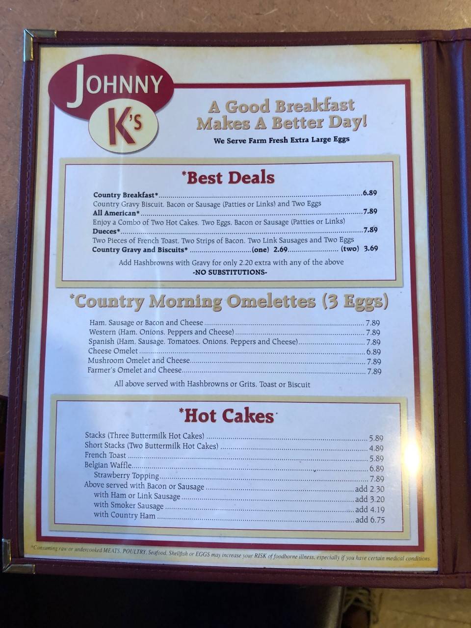 Menu at Johnny K's Restaurant, Indian Trail