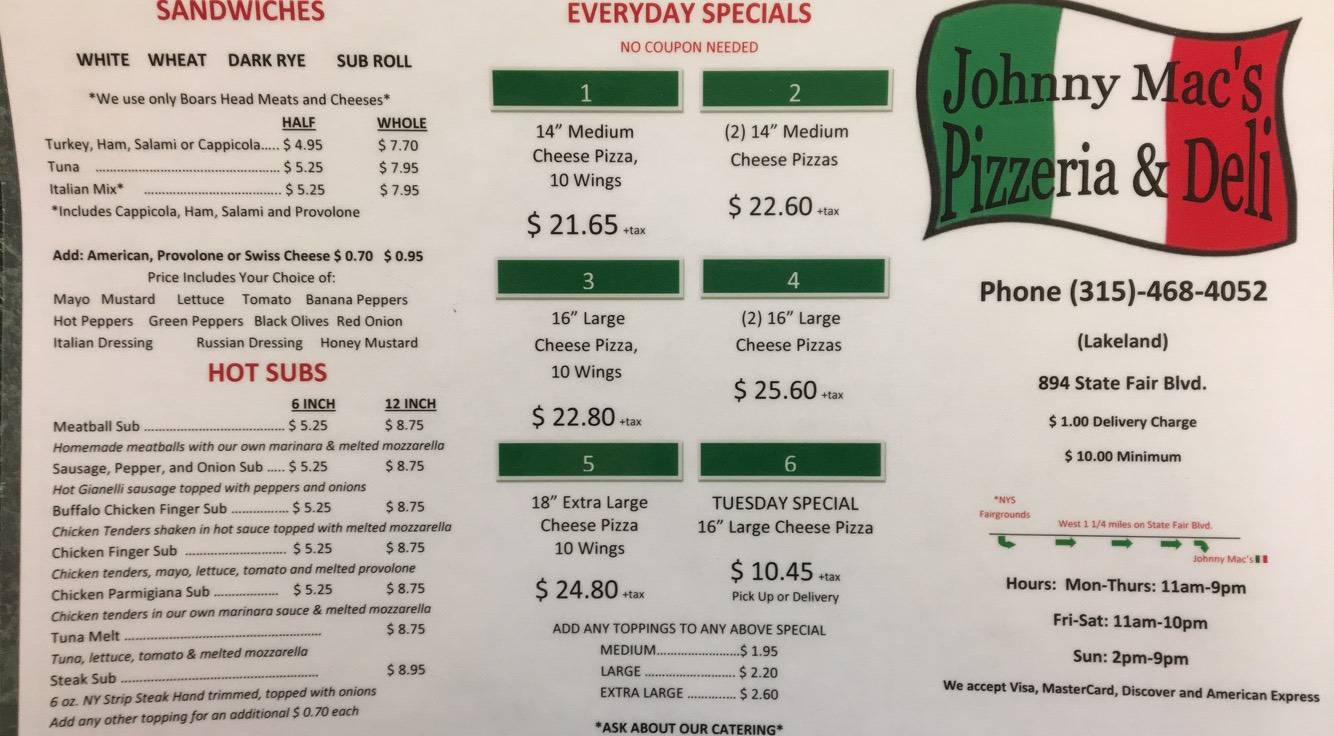 Menu at Johnny Mac's Pizzeria & Deli, Syracuse
