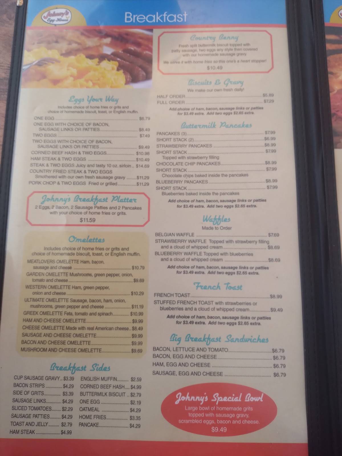 Menu at Johnny's Egg House restaurant, Frostproof, 133 S Scenic Hwy