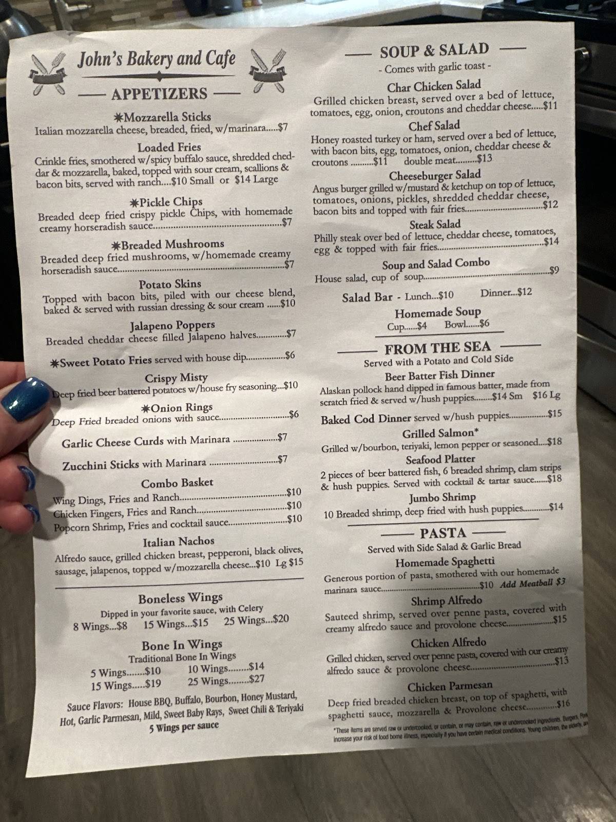 Menu at John's Bakery and Cafe, Minerva