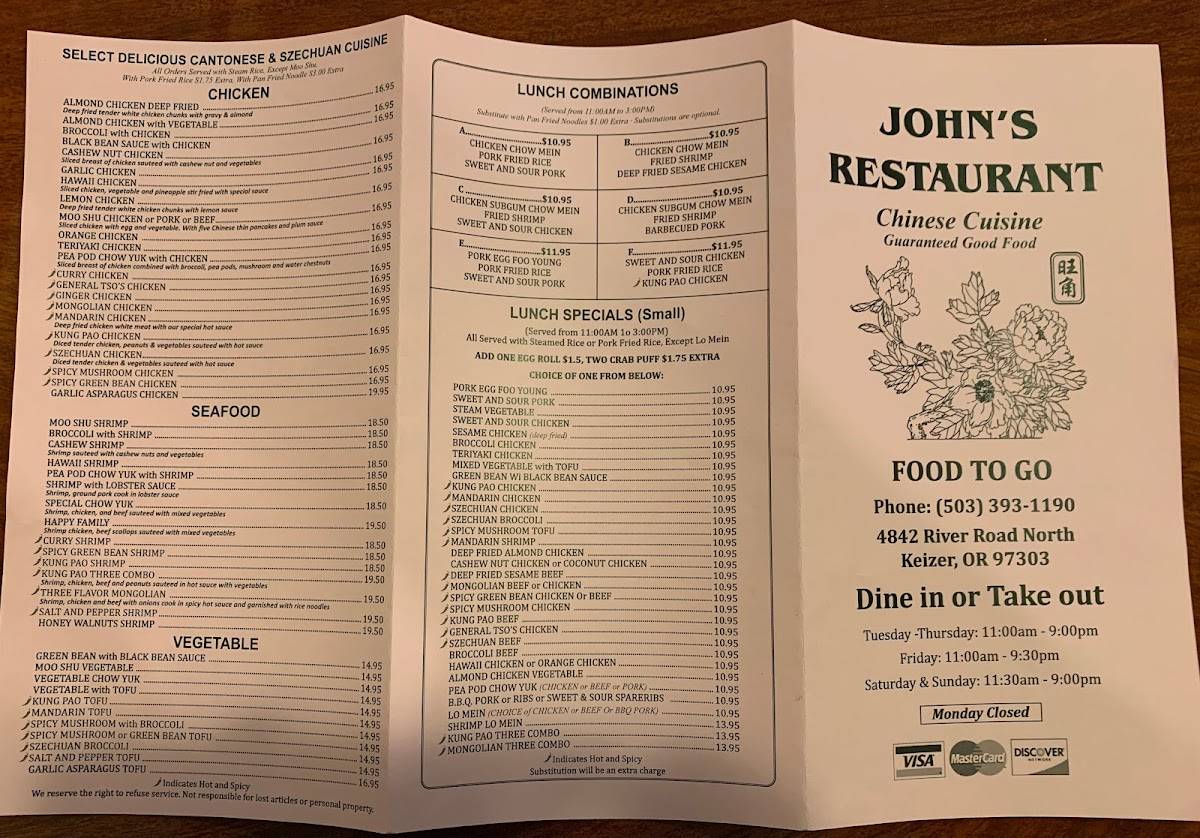 Menu at John's Chinese Restaurant, Keizer