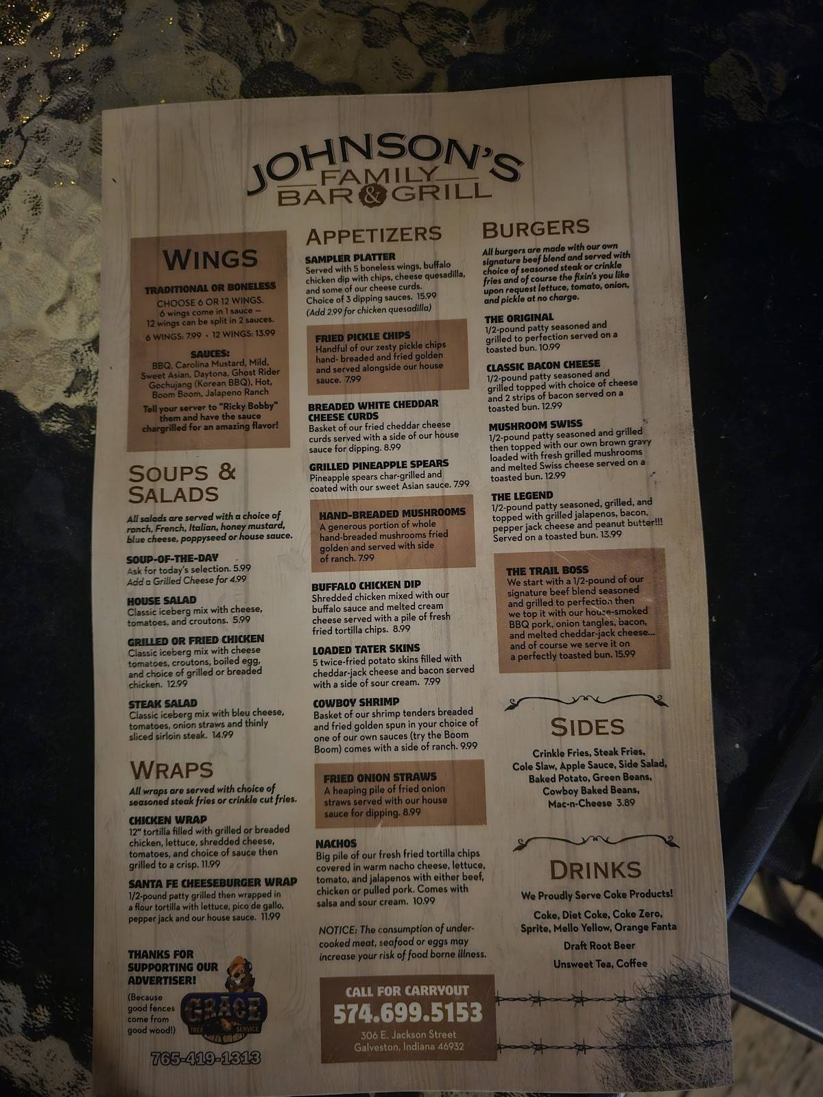 Menu at Johnson's Tavern Inc pub & bar, Galveston