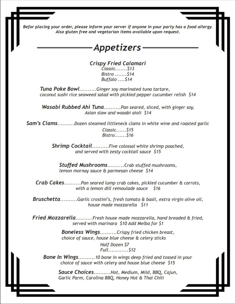 Menu at Sam's Seafood Steakhouse, Johnstown