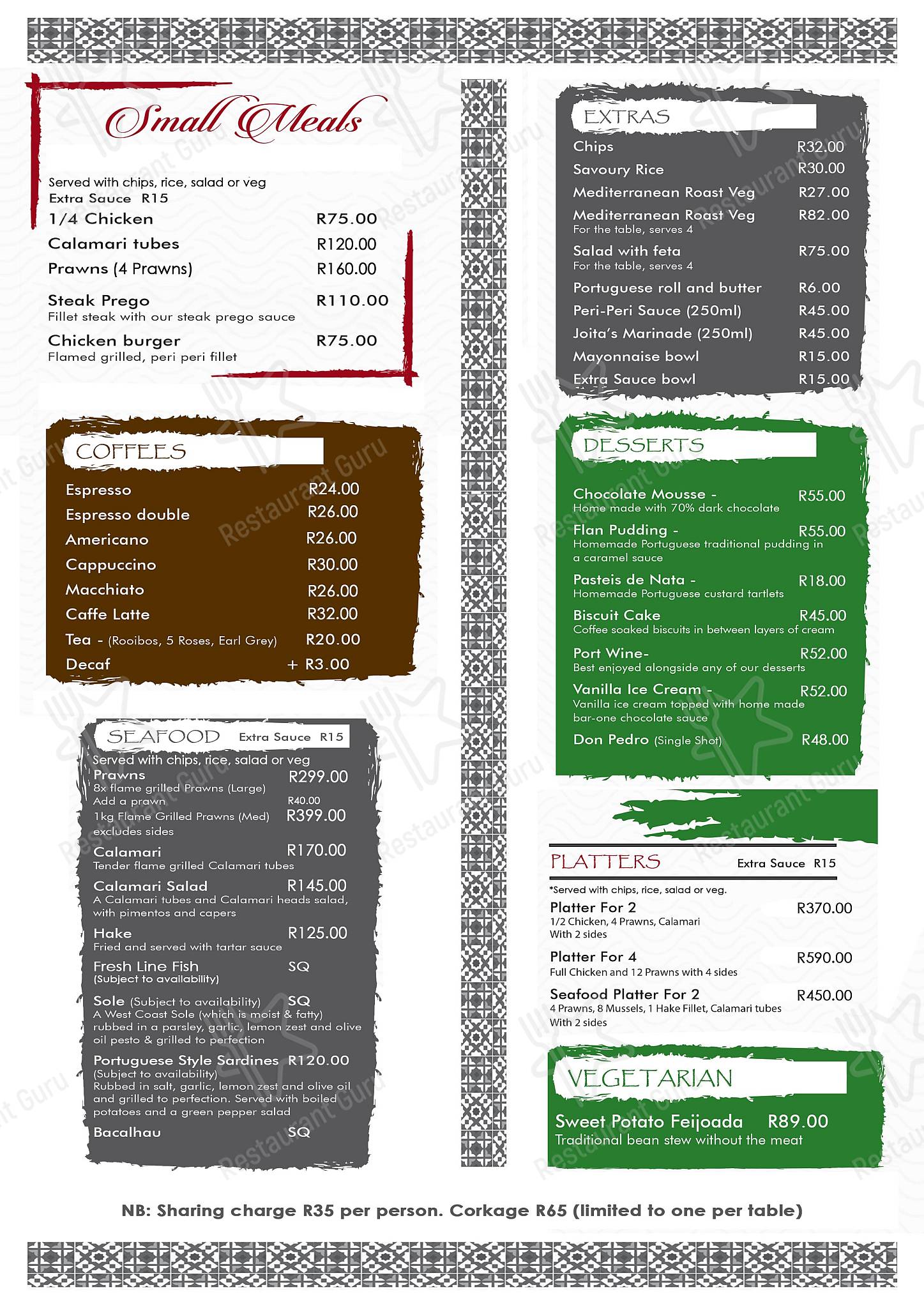 Menu at JOITA’S restaurant, Umhlanga