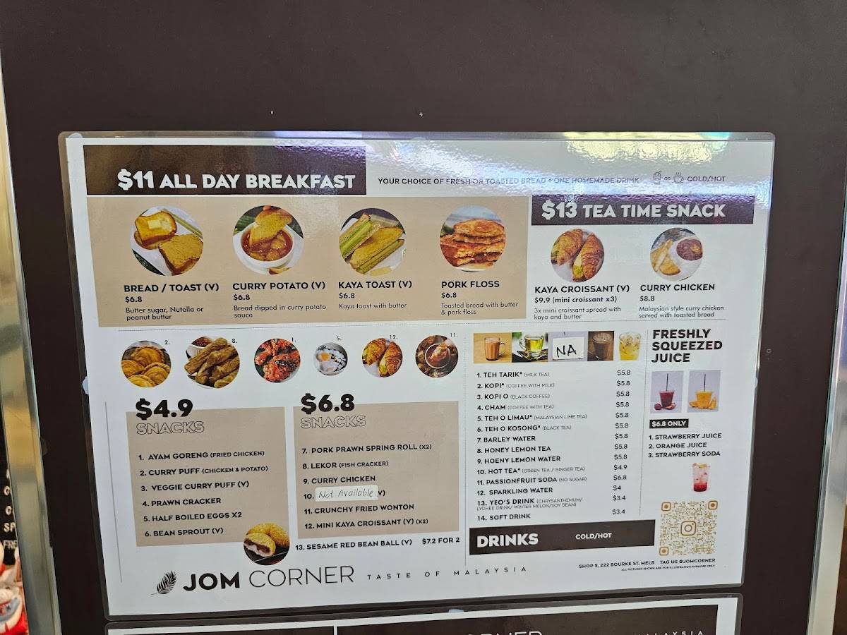 Menu at Jom Corner restaurant, Melbourne