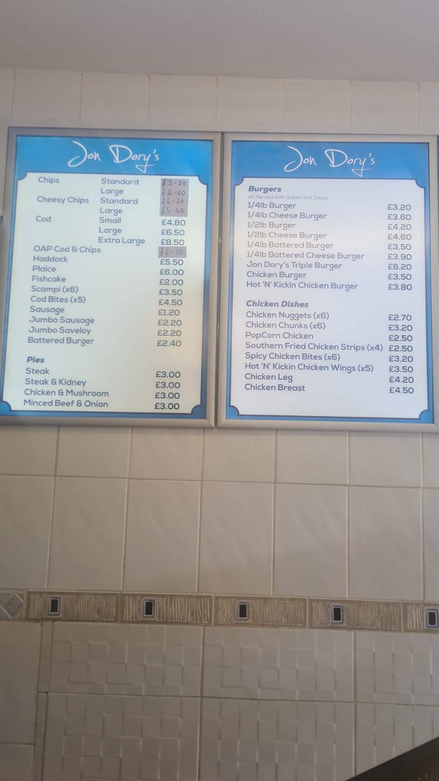 Menu at Jon Dory’s restaurant, Penzance