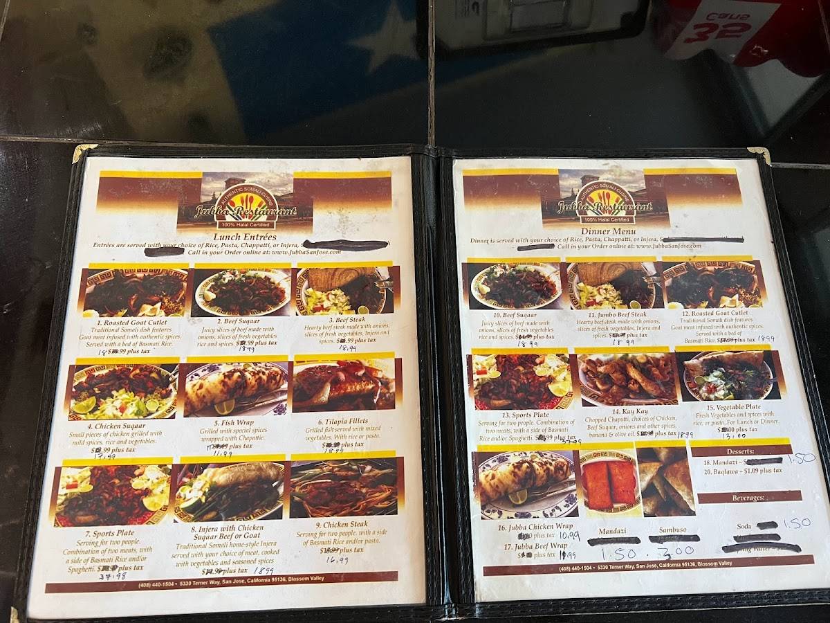 Menu at Jubba Somali Restaurant, San Jose