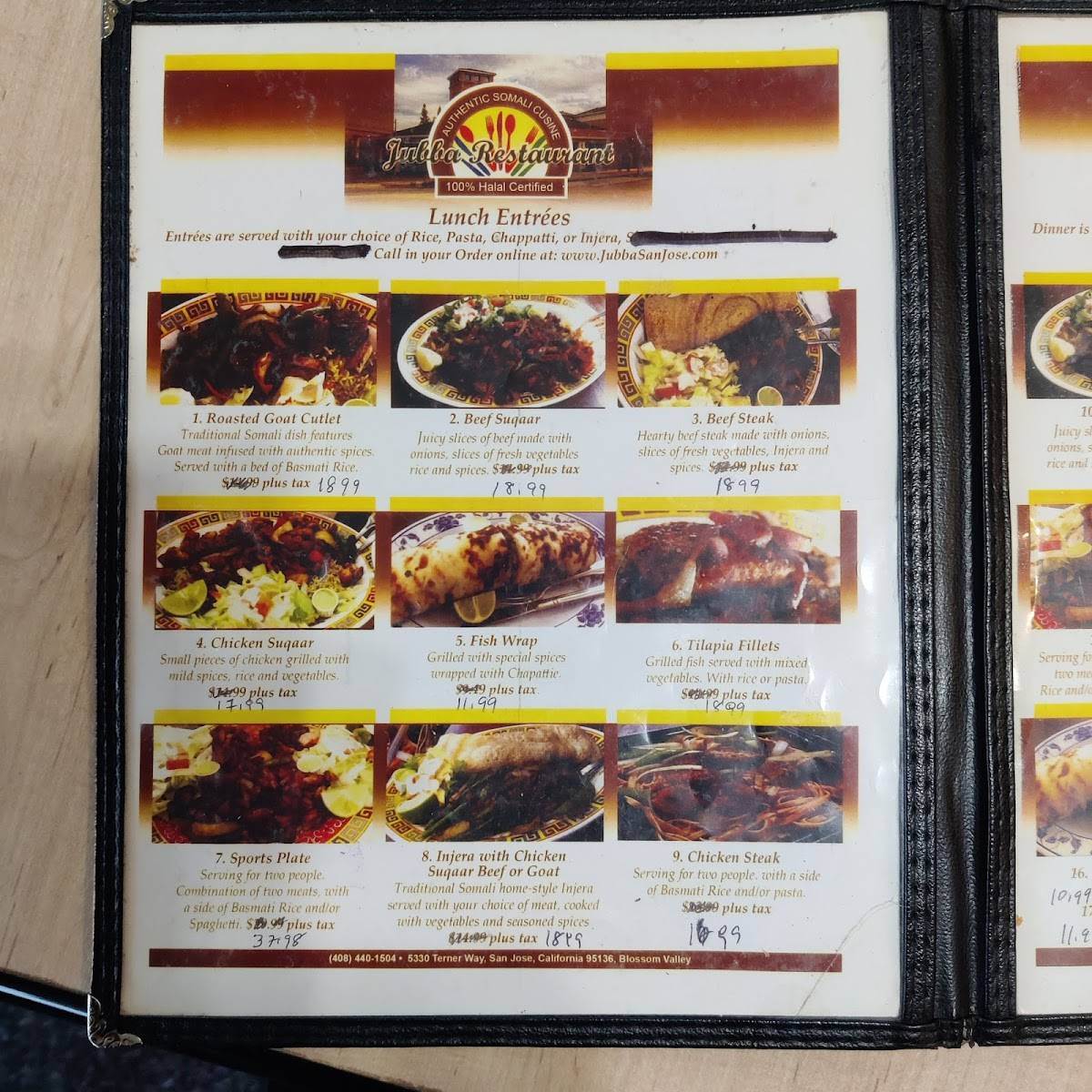 Menu at Jubba Somali Restaurant, San Jose