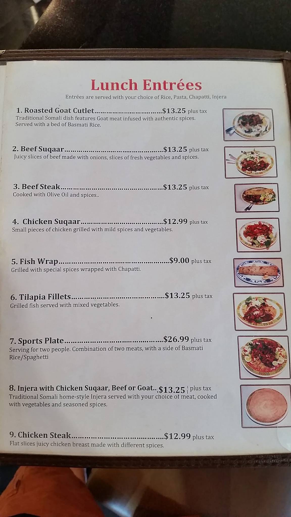 Menu at Jubba Somali Restaurant, San Jose